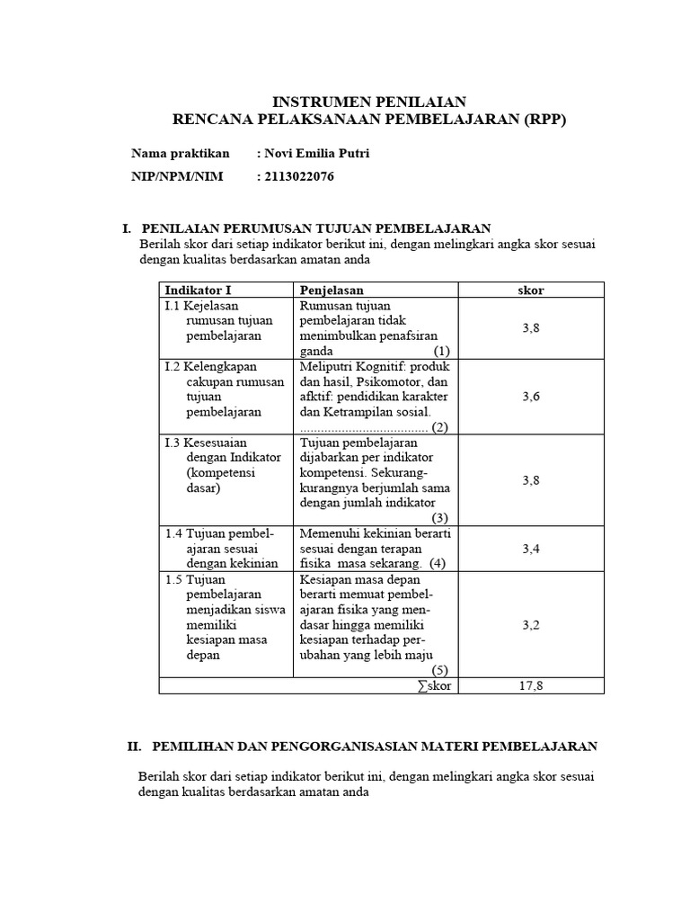 Instrumen Penilaian RPP Perangkat Permbelajaran 2023 WORD | PDF