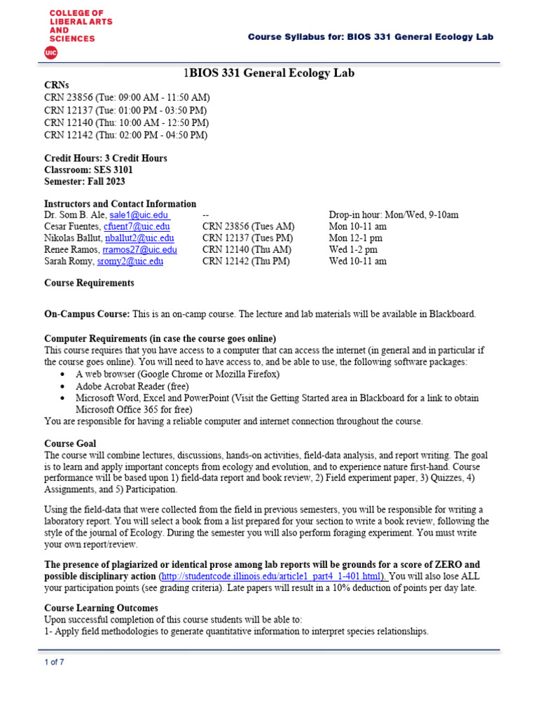 BIOS331 Syllabus Fall2023 | PDF | Ecology | Biodiversity
