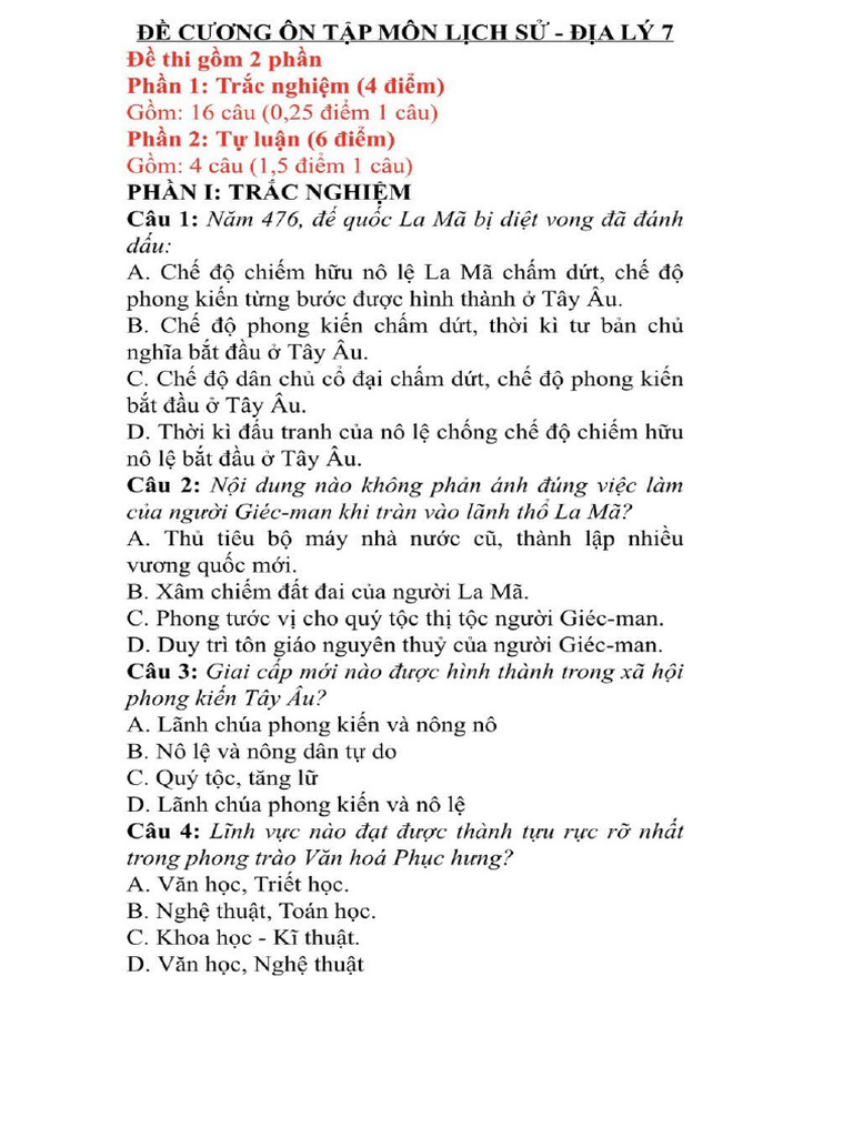 ĐỀ CƯƠNG GK1 LSDL 7 | PDF