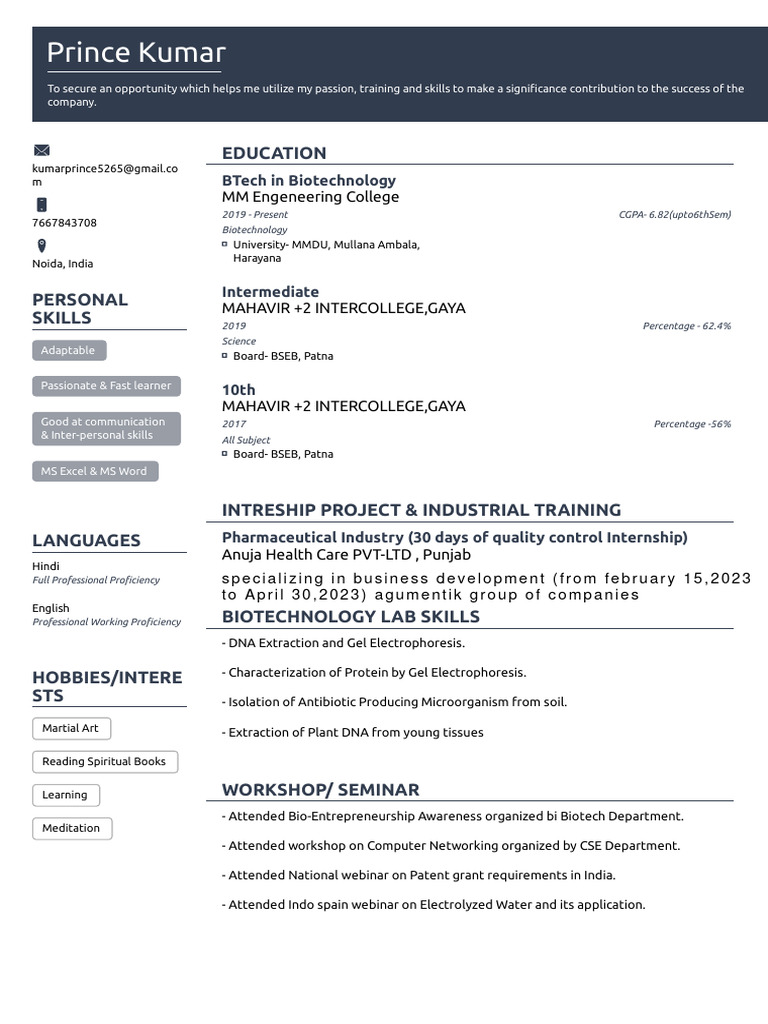 Prince's Resume 2 - 07-Jun-23 - 19.03.31 | PDF | Biotechnology | Chemistry