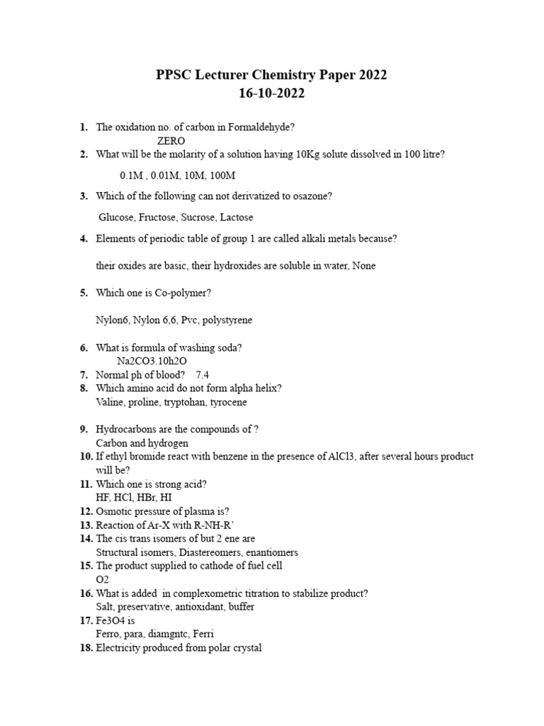 PPSC Lecturer Chemistry Paper (16!10!2022) | PDF | Acid | Heat
