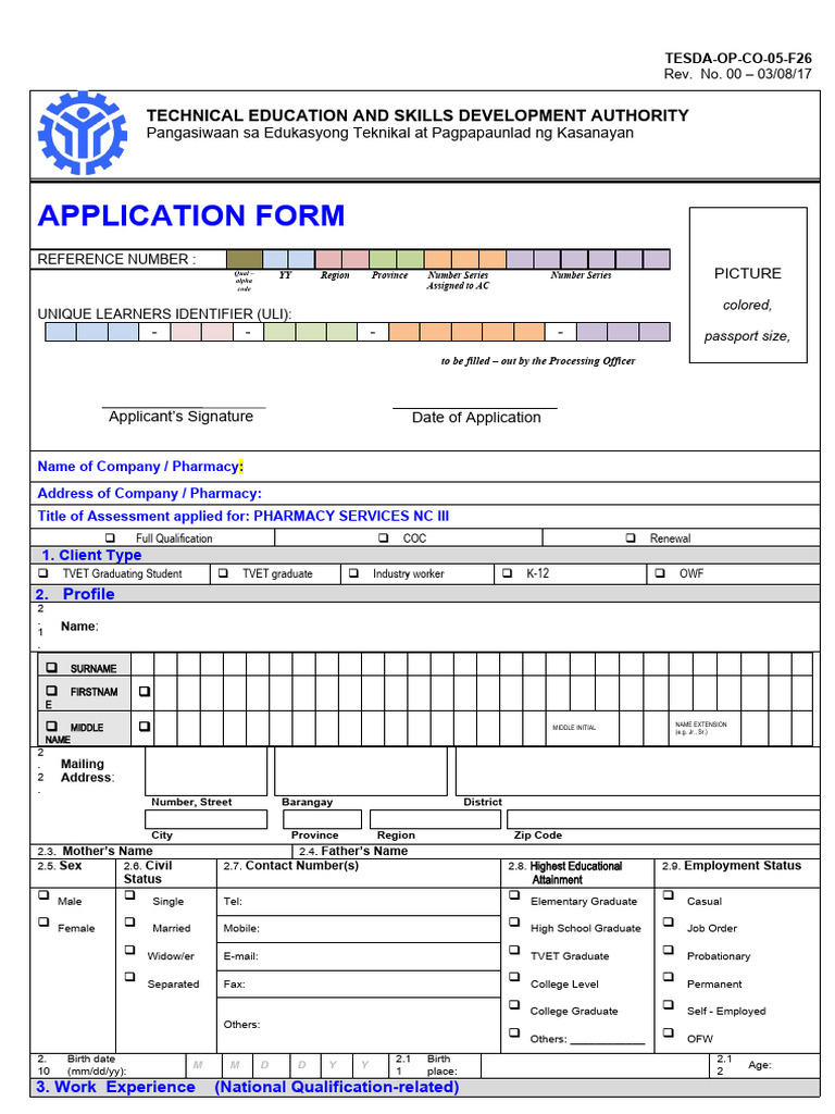 Pharmacy Services NC III Application Form | PDF