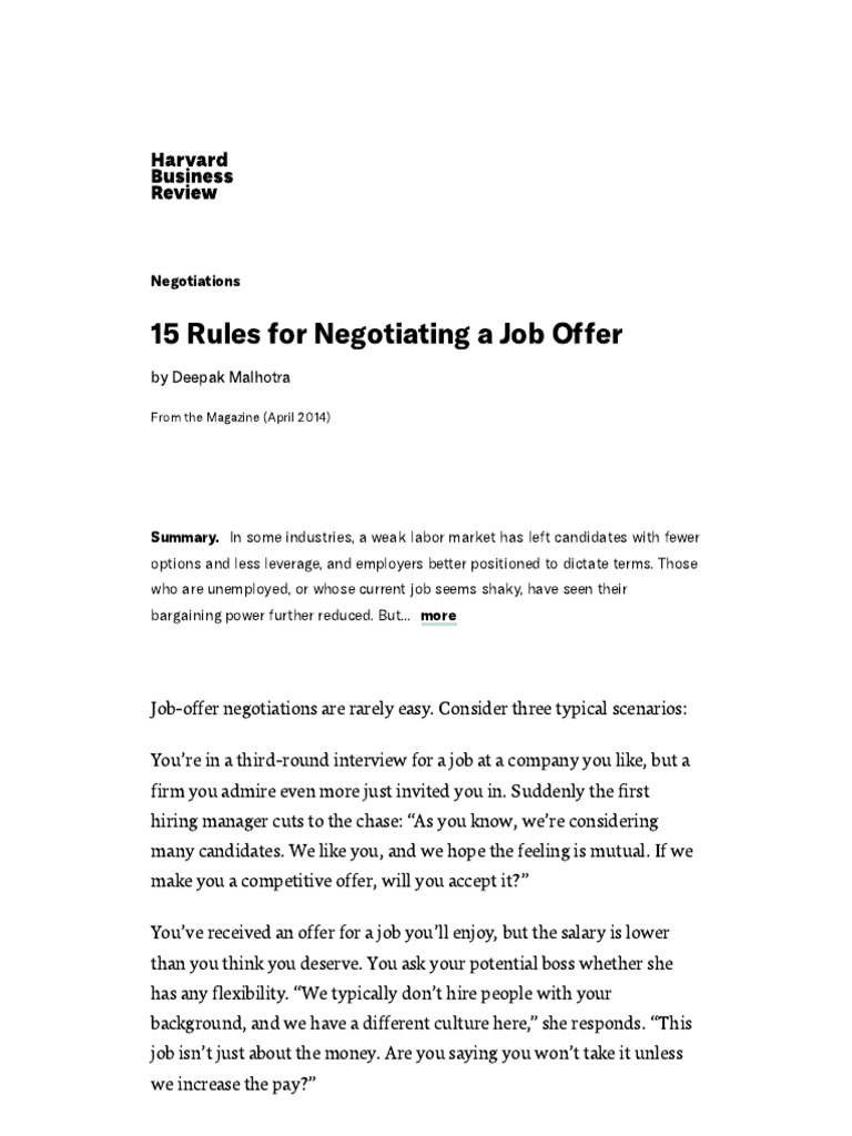 15 Rules For Negotiating A Job Offer | PDF | Negotiation | Employment