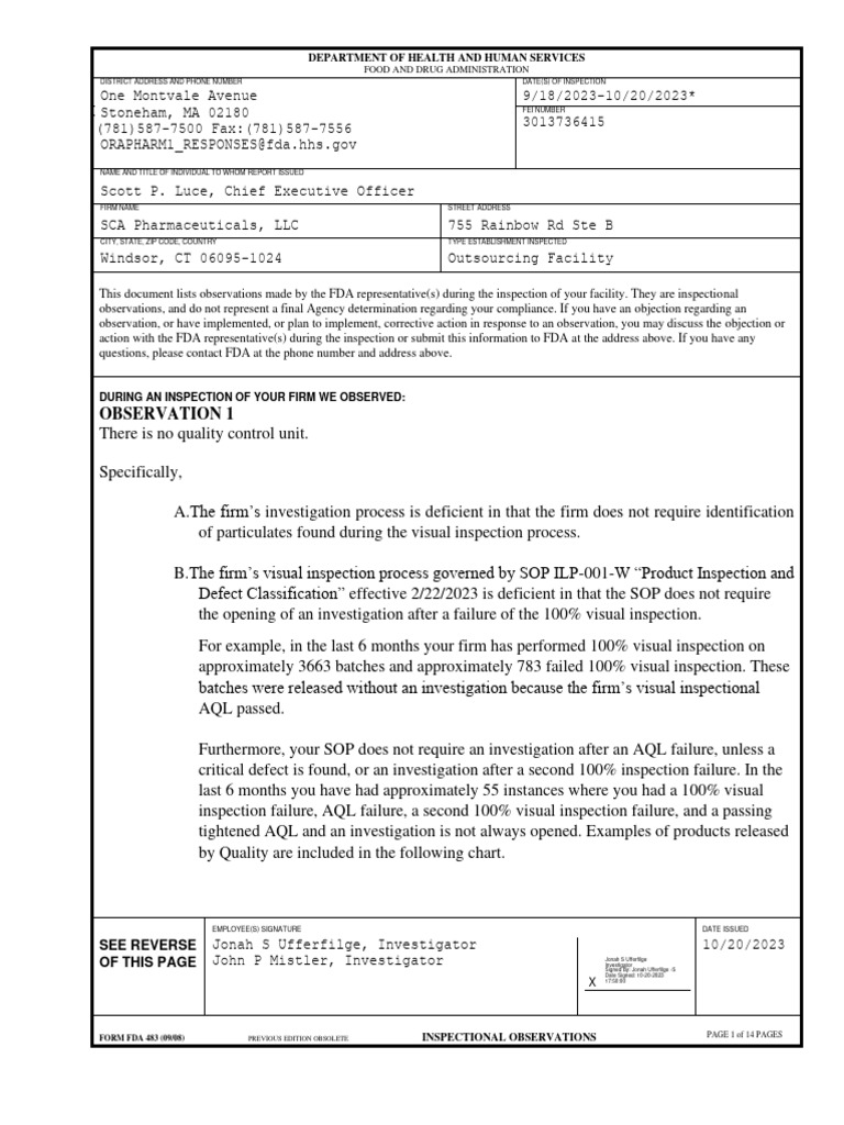 Unredacted - SCA - Form FDA 483 Issued 10.20.2023 - 15 Pages - 0 | PDF ...