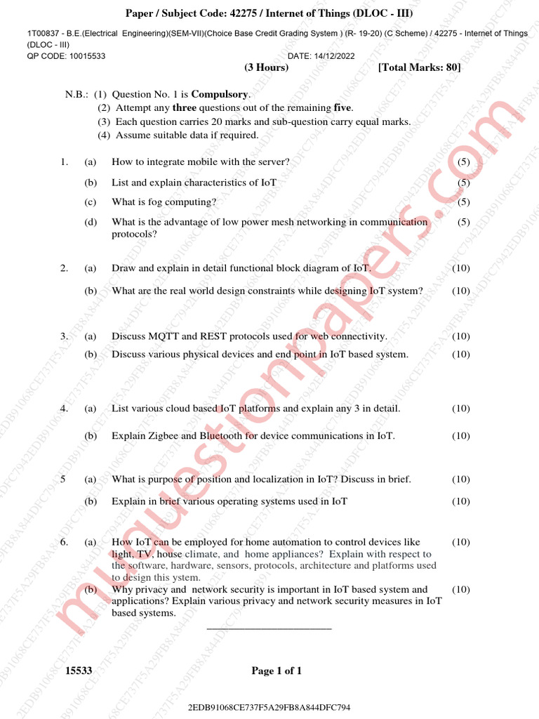Be - Electrical Engineering - Semester 7 - 2022 - December - Dloc III Internet of Things Rev ...