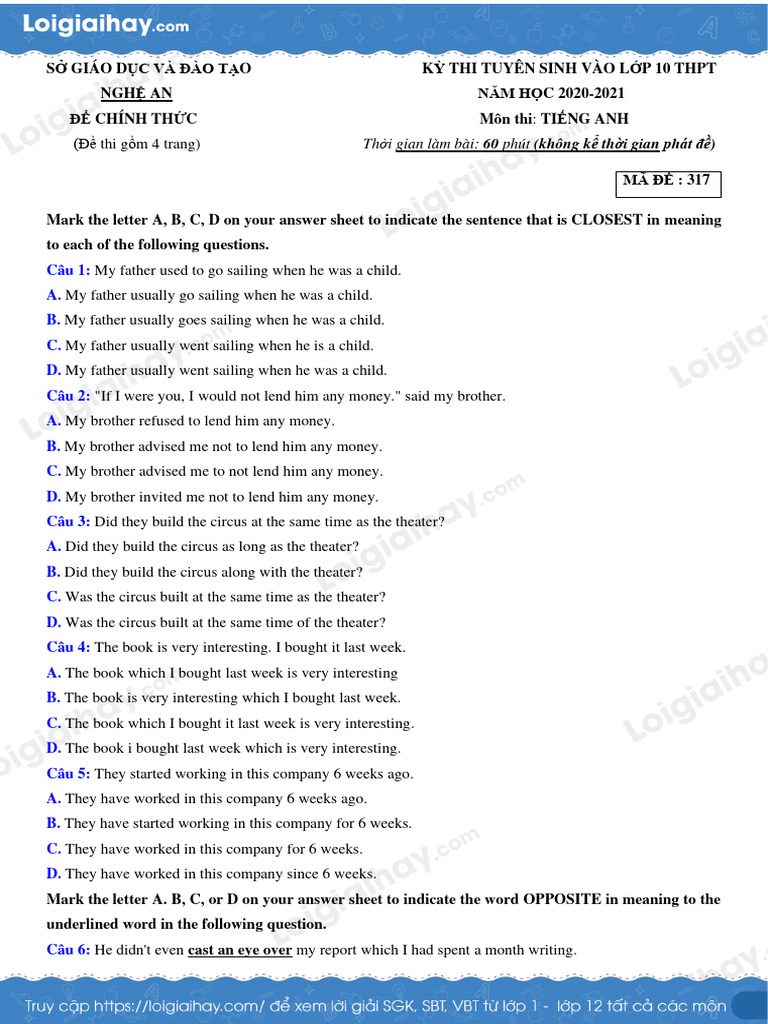 De Thi Vao 10 Mon Anh Nghe An Nam 2021 1656148640 | PDF