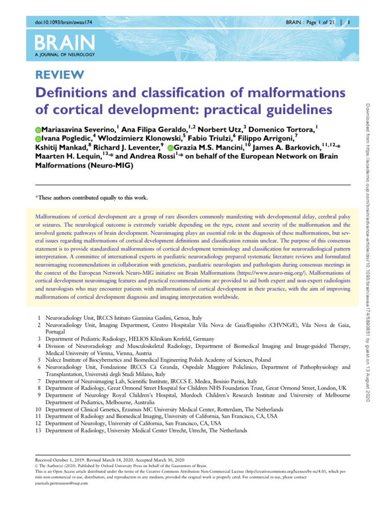 Definitions and Classification of Malformations of Cortical Development Practical Guidelines ...