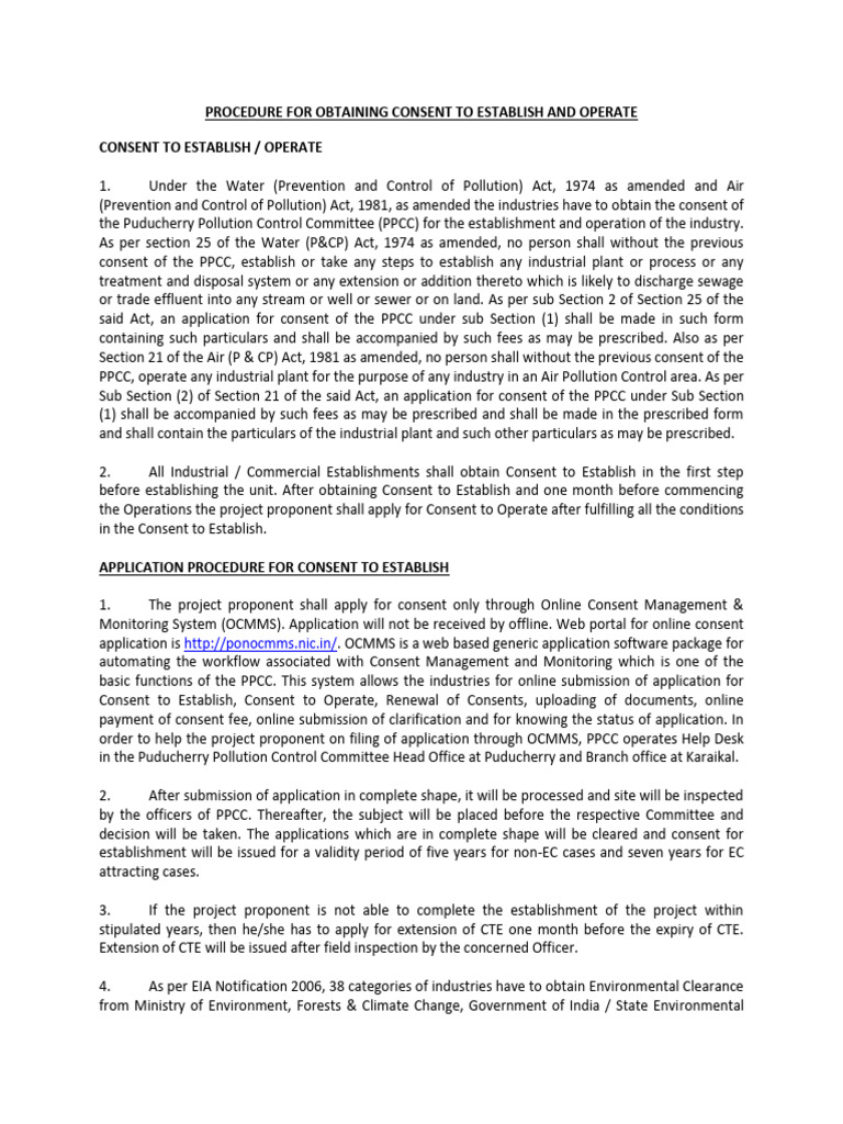 Procedure For Obtaining Consent To Establish and Operate Consent To ...