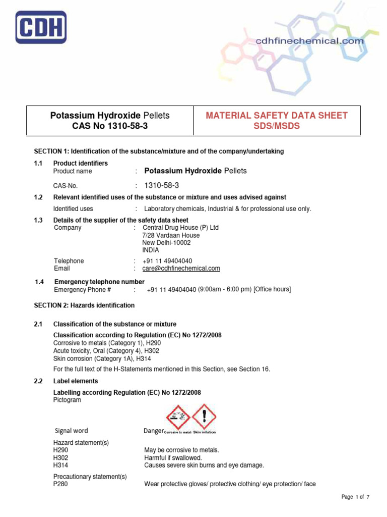 Potassium Hydroxide Pellets CAS No 1310-58-3: Material Safety Data ...