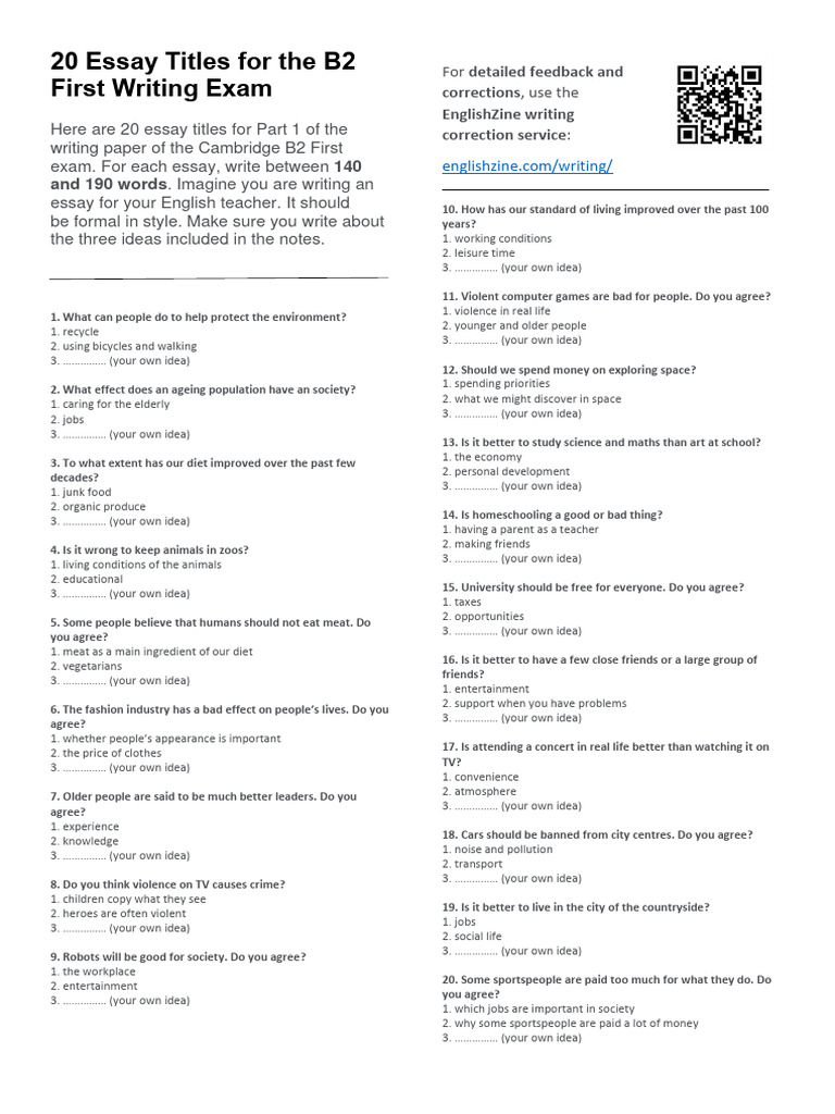 B2 First Exam: 20 Essay Topics | PDF