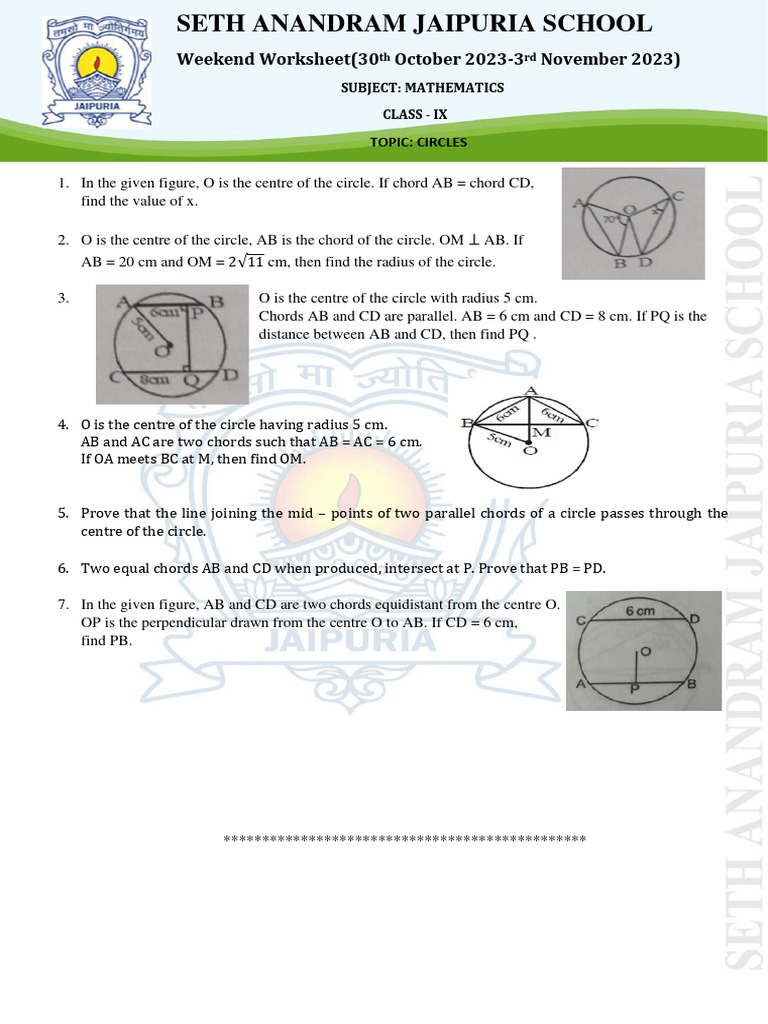 Class IX Mathematics: Circle Worksheet | PDF