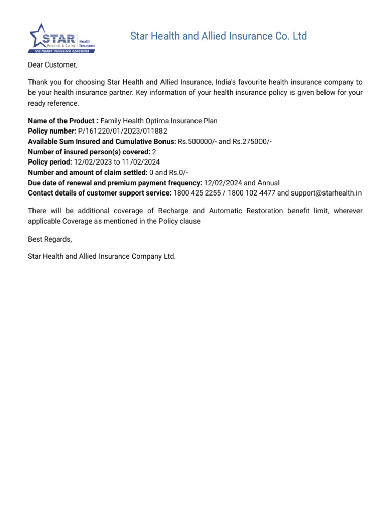 Star Health Insurance Renewal Details | PDF