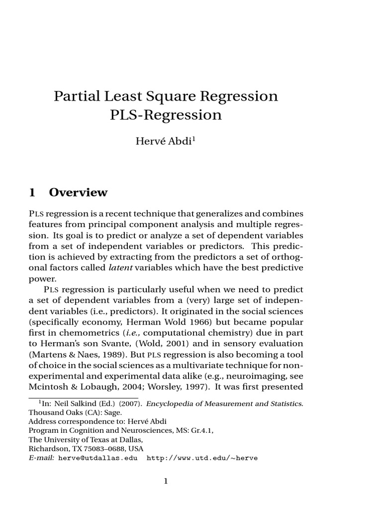 Partial Least Square Regression PLS Regr | PDF