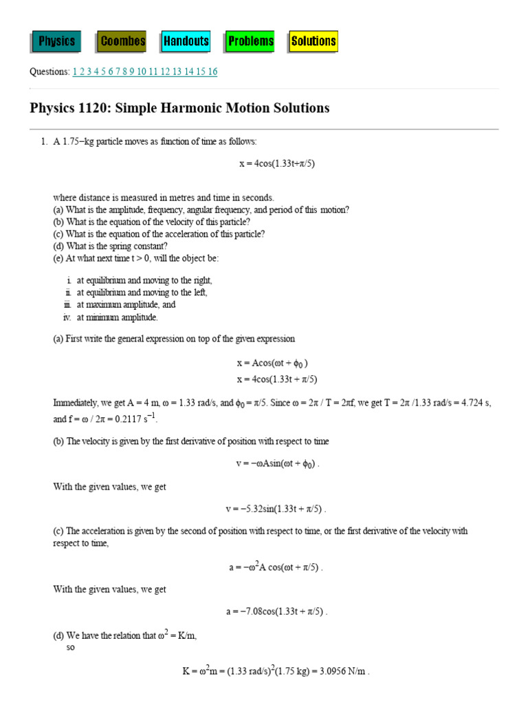 PHYS 1120 Simple Harmonic Motion Solutions | PDF | Velocity | Physical Sciences