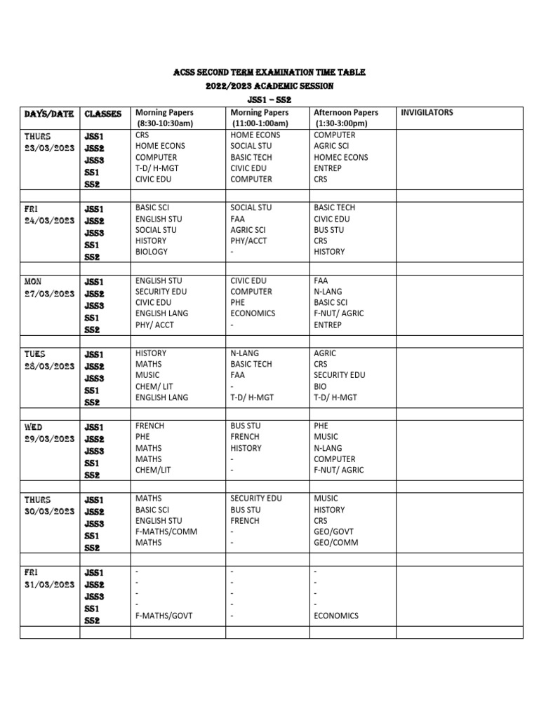 Acss Second Term Exam Time Table 2023 - PC | PDF