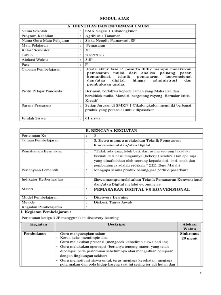 Modul Ajar Pemasaran | PDF | Karier & Perkembangan