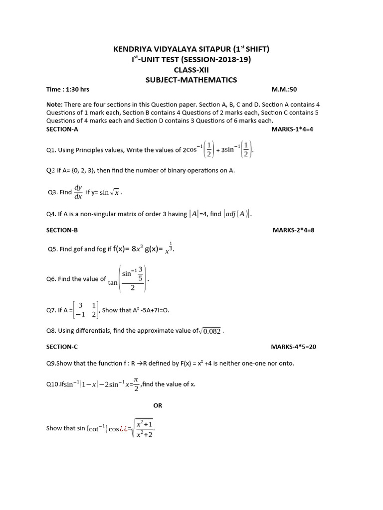 Class Xii Maths Ut 1 2018 19 | PDF