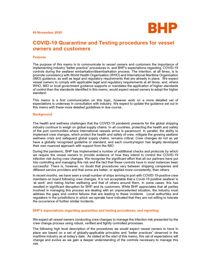 Appendix 9 BHP Covid Testing Requirements | PDF | Quarantine