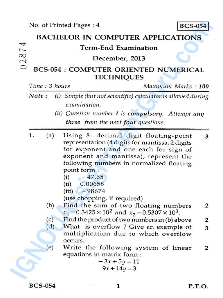 BCS 054 June2010 June2023 | PDF | Finite Difference | Equations