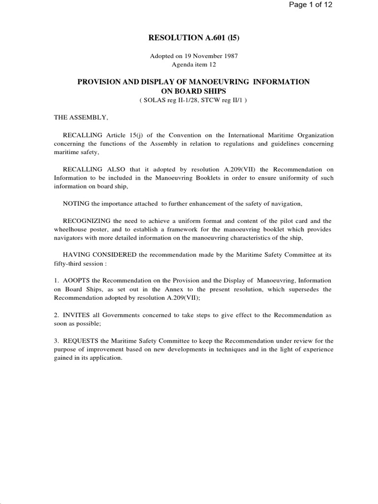 Maneouring Information IMO Resolution A601-15 | PDF