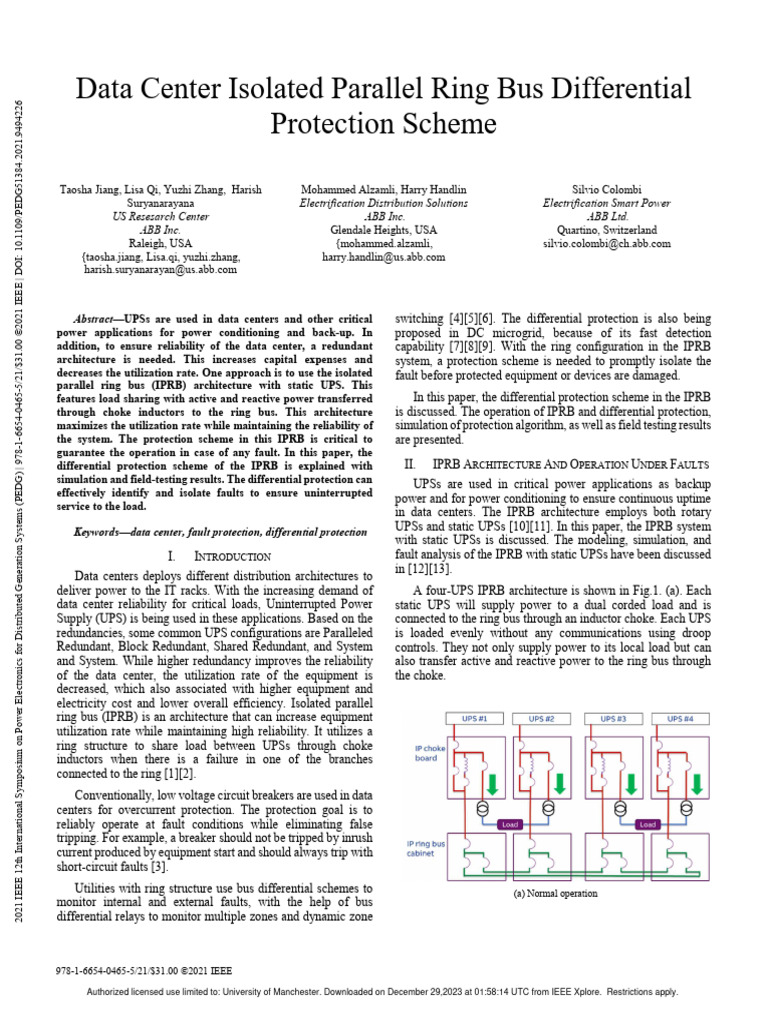Data Center Isolated Parallel Ring Bus Differential Protection Scheme ...