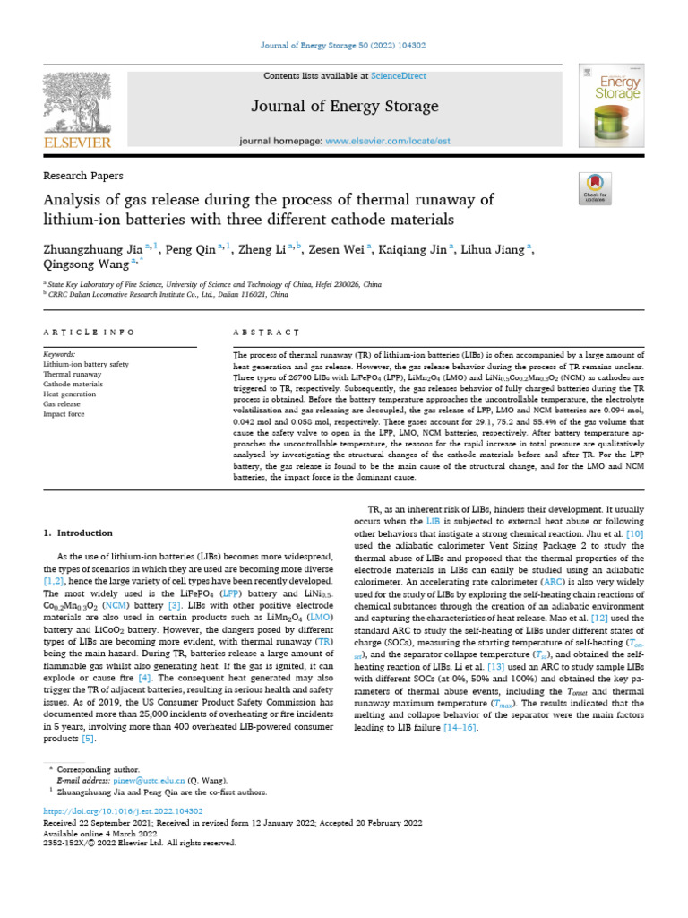 Analysis of Gas Release During The Process of Thermal Runaway of ...