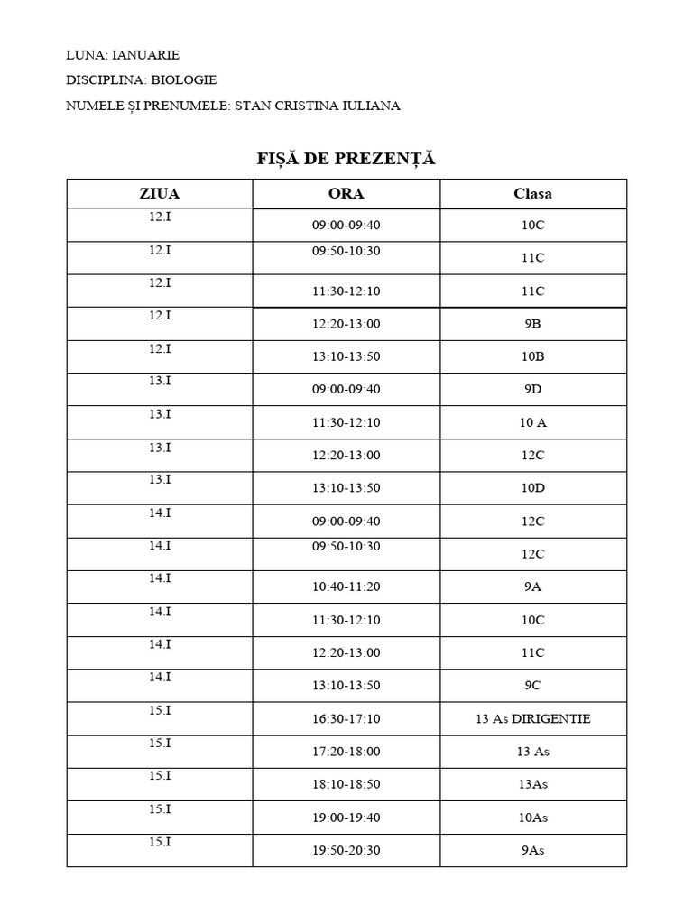 Fisa de Prezenta Ianuarie | PDF