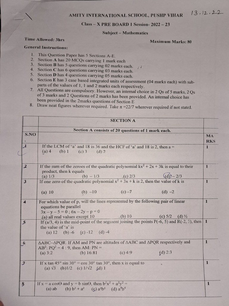 Class X Pre Board Maths Question Paper | PDF | Elementary Mathematics | Elementary Geometry