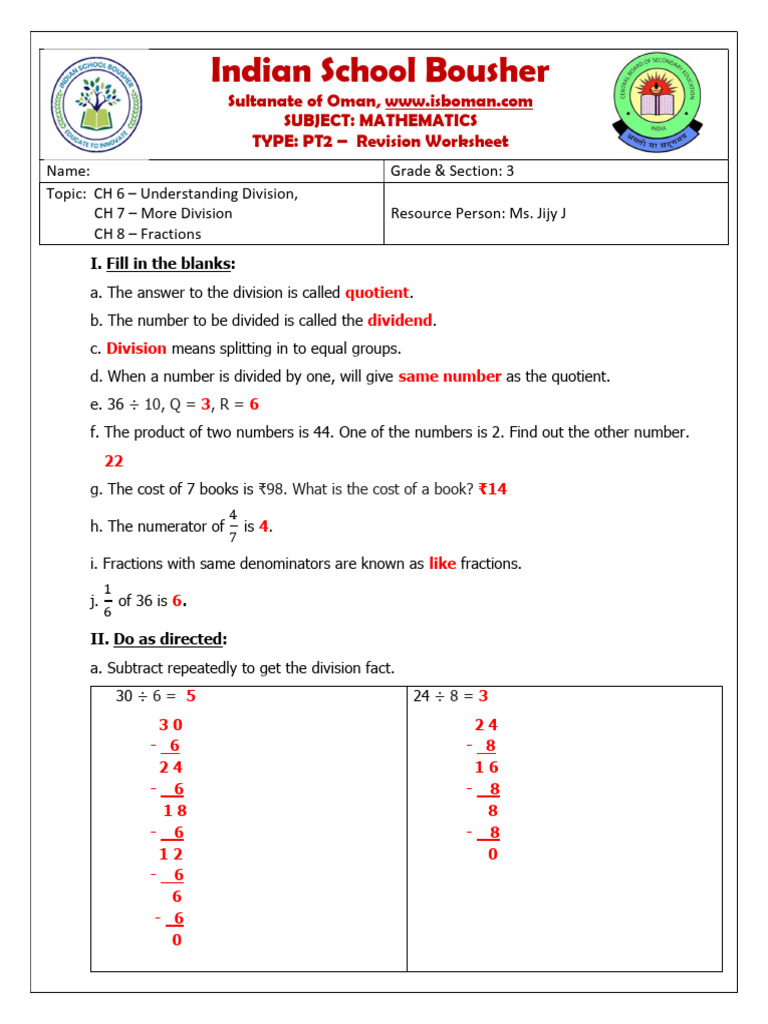 Division and Fractions Worksheet for Grade 3 | PDF