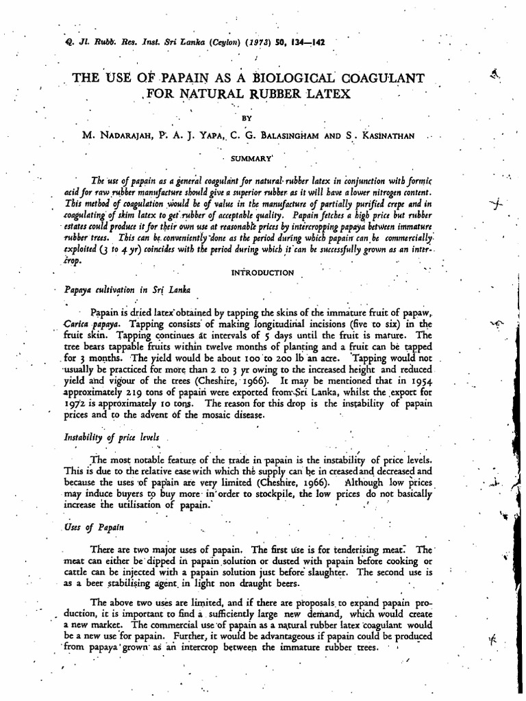The Use of Papain As A Biological Coagulant For NRL | PDF