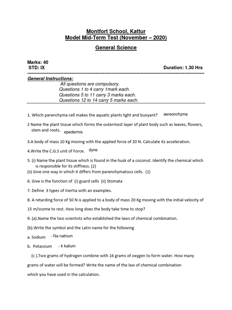 9th Question Paper - Model For Mid Term 2 | PDF