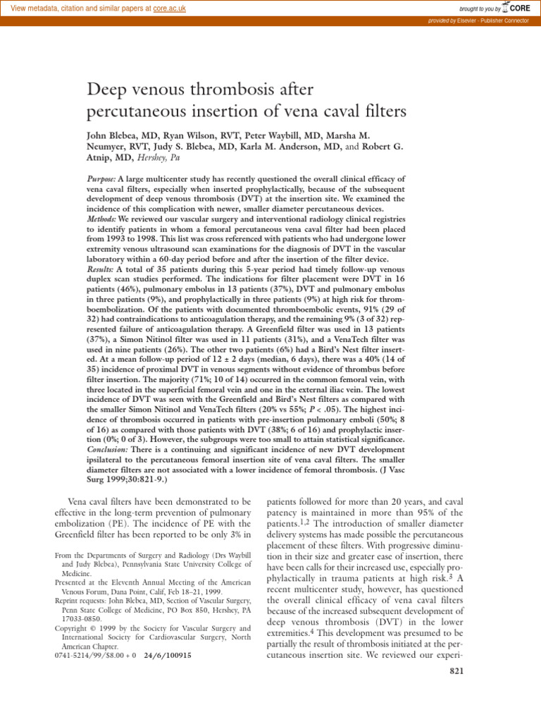 Deep Venous Thrombosis After Percutaneous Insertion of Vena Caval ...