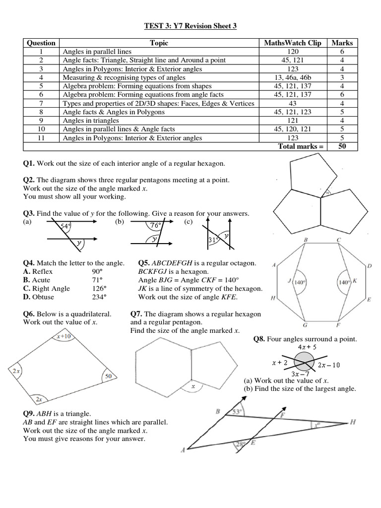 Year 7 Maths Revision: Angles & Shapes | PDF