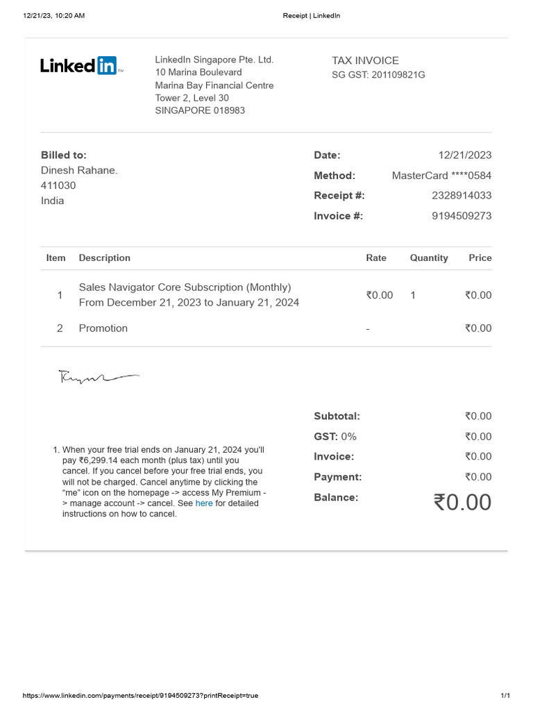 Receipt - LinkedIn | PDF