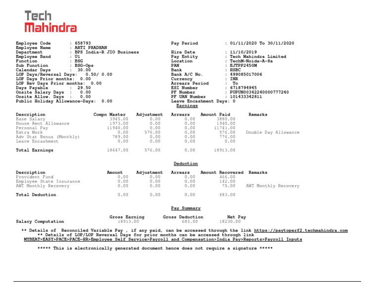 Salary Slip TechM | PDF