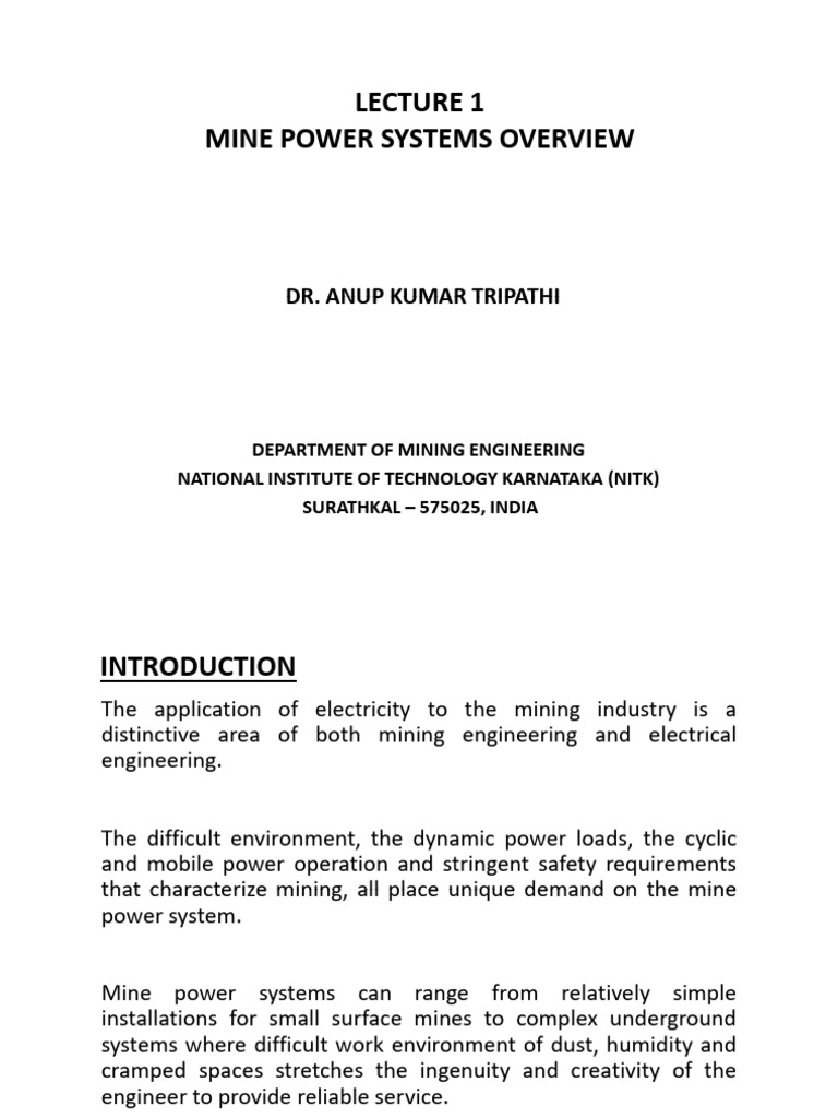 Lecture 1 - Mine Power Systems Overview | PDF