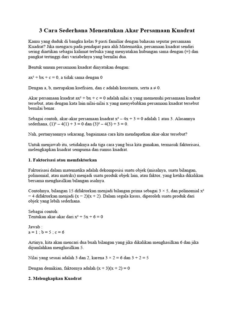 3 Cara Sederhana Menentukan Akar Persamaan Kuadrat | PDF