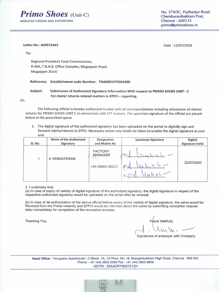 Epf Digital Sign Letter | PDF