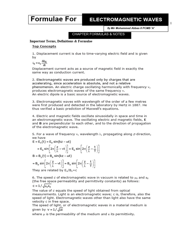 Electromagnetic Waves Formulae Pdf