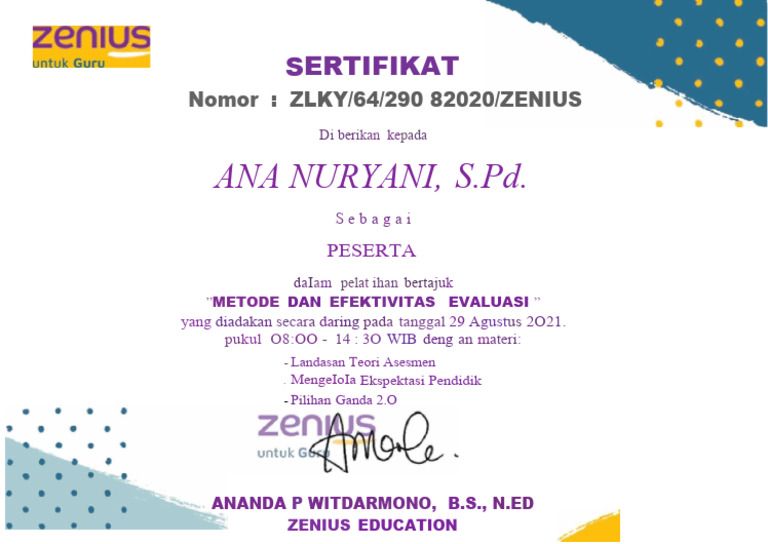 Sertifikat Zenius Ari Version | PDF | Seni | Sains & Matematika