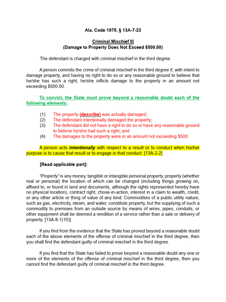 Ala. Code 1975, 13A-7-23 Criminal Mischief III (Damage To Property Does ...