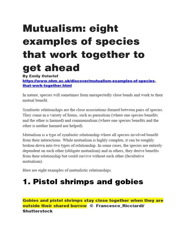 Mutualism: 8 Species Examples | PDF | Science & Mathematics