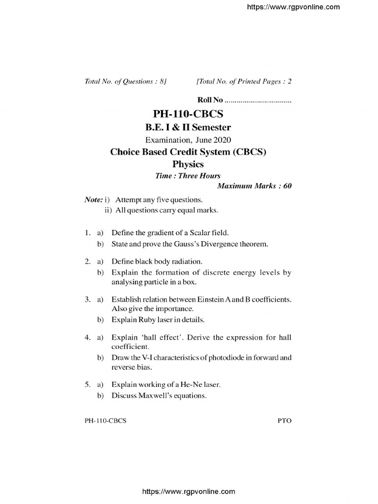 Engg Physics RGPV Main Paper 2020 June PH110 | PDF