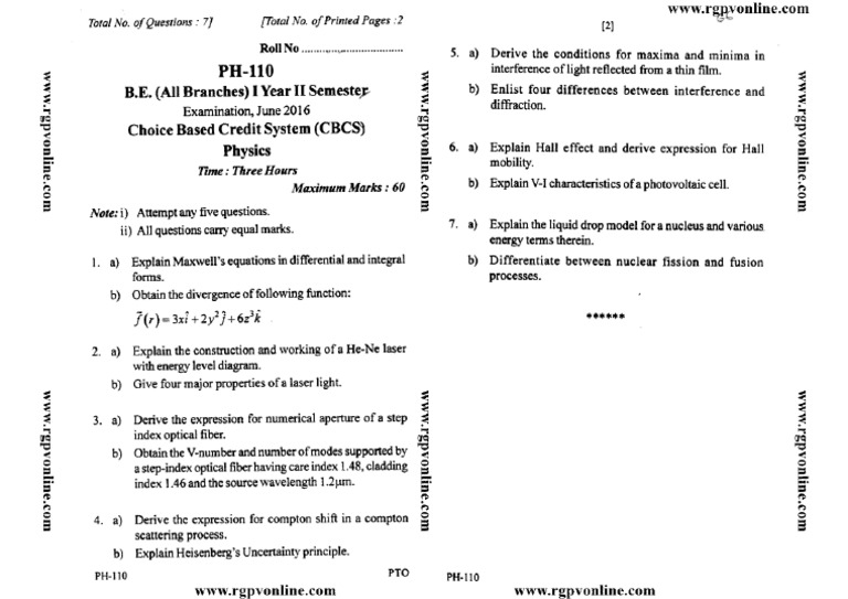 Engg Physics RGPV Main Paper 2016 June2 | PDF