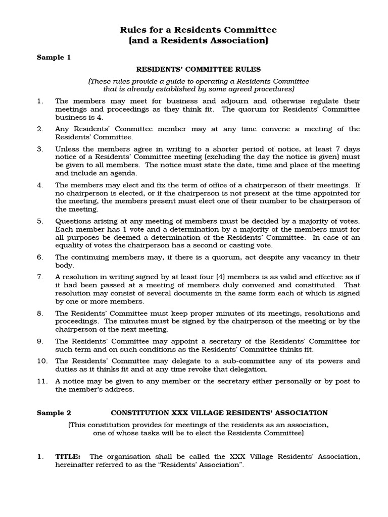 Residents Committee and Association Rules | PDF | Quorum | Committee