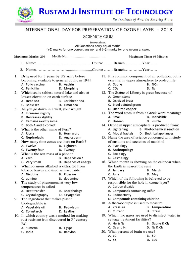 Science Quiz 2018 Ans | PDF | Chlorine | Hertz