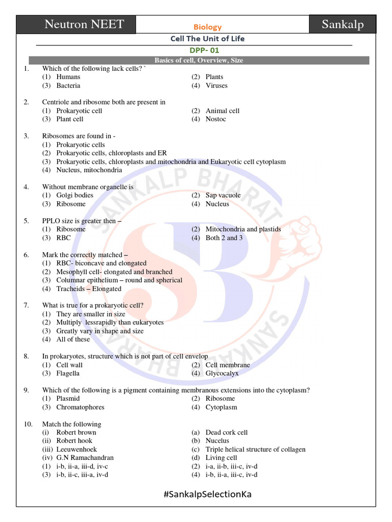 DPP-01 - Cell The Unit of Life CORRECTED | PDF | Cell (Biology) | Prokaryote