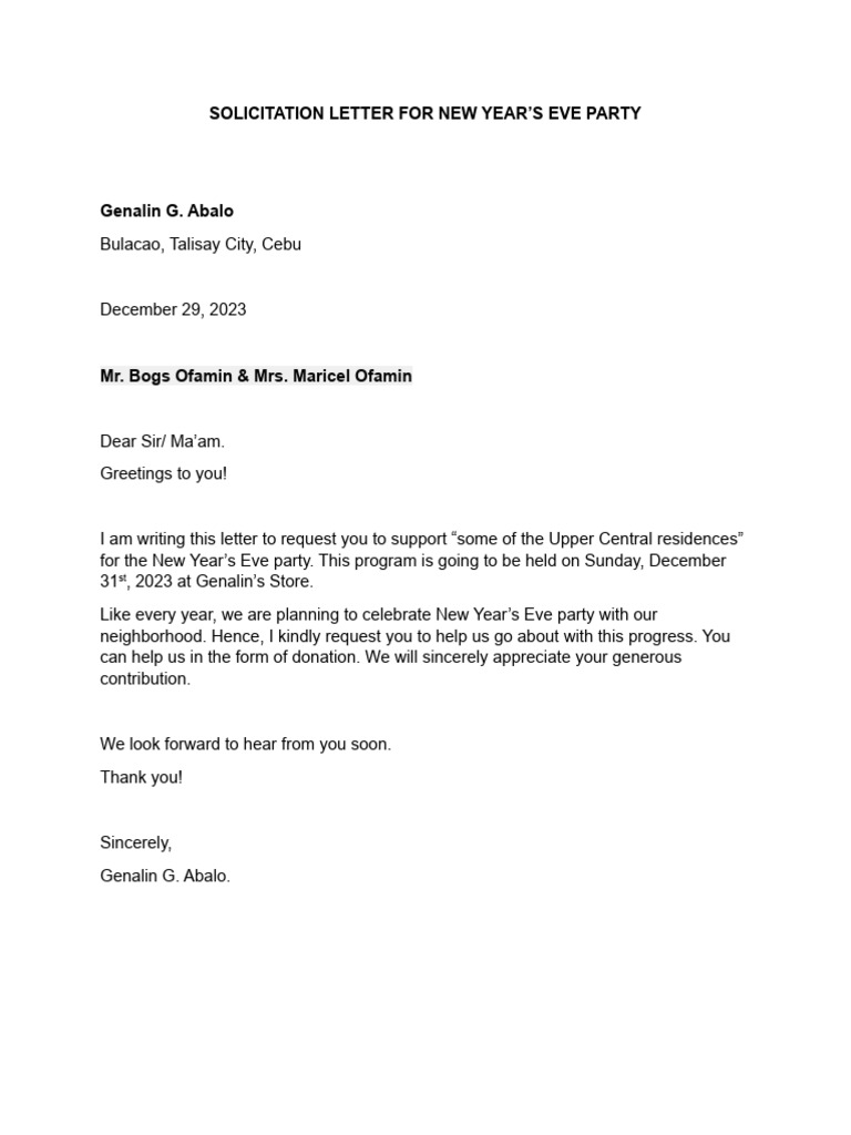 Solicitation Letter For New Year | PDF
