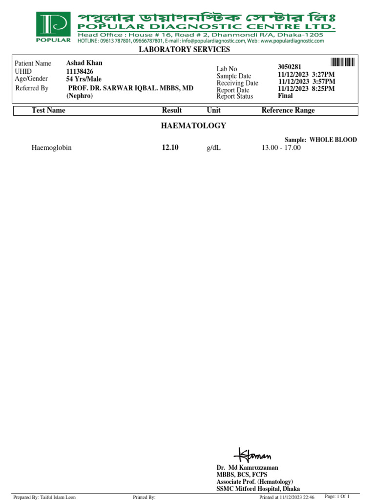 Hemoglobin Test Report for Ashad Khan | PDF