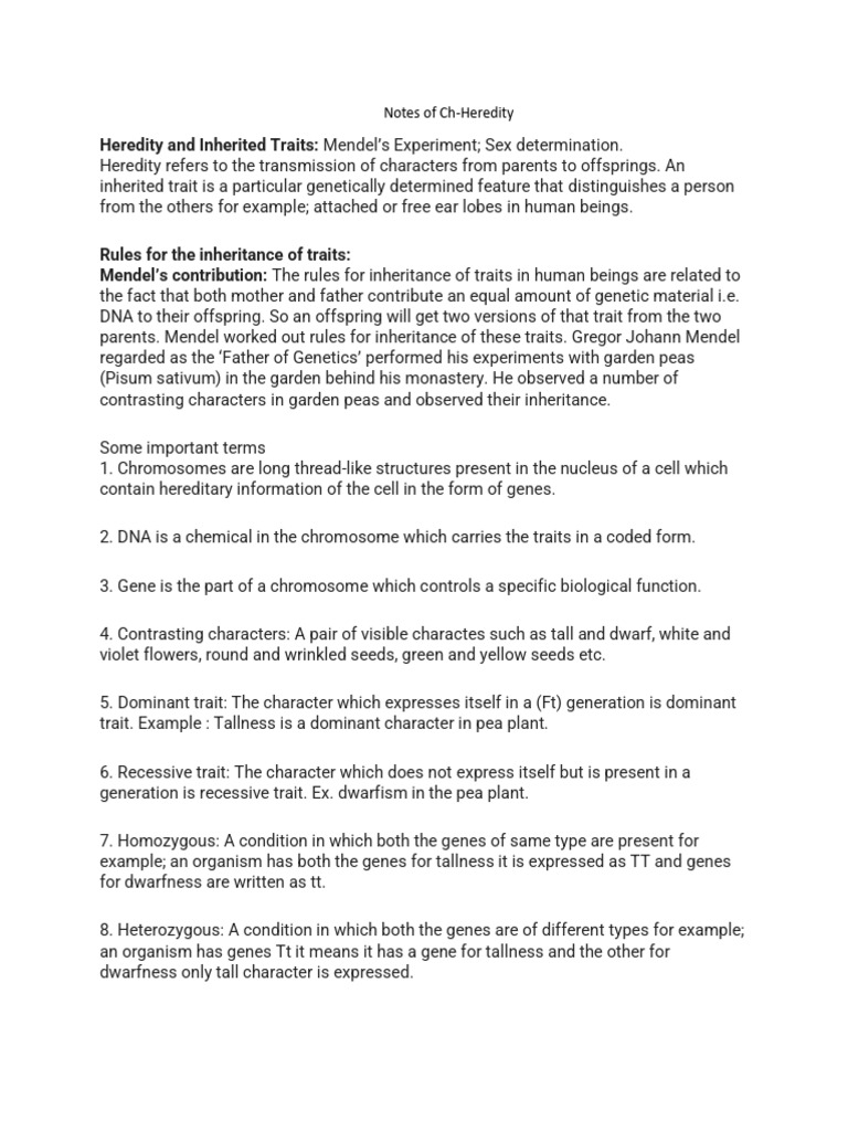 Heredity Notes | PDF | Dominance (Genetics) | Sex